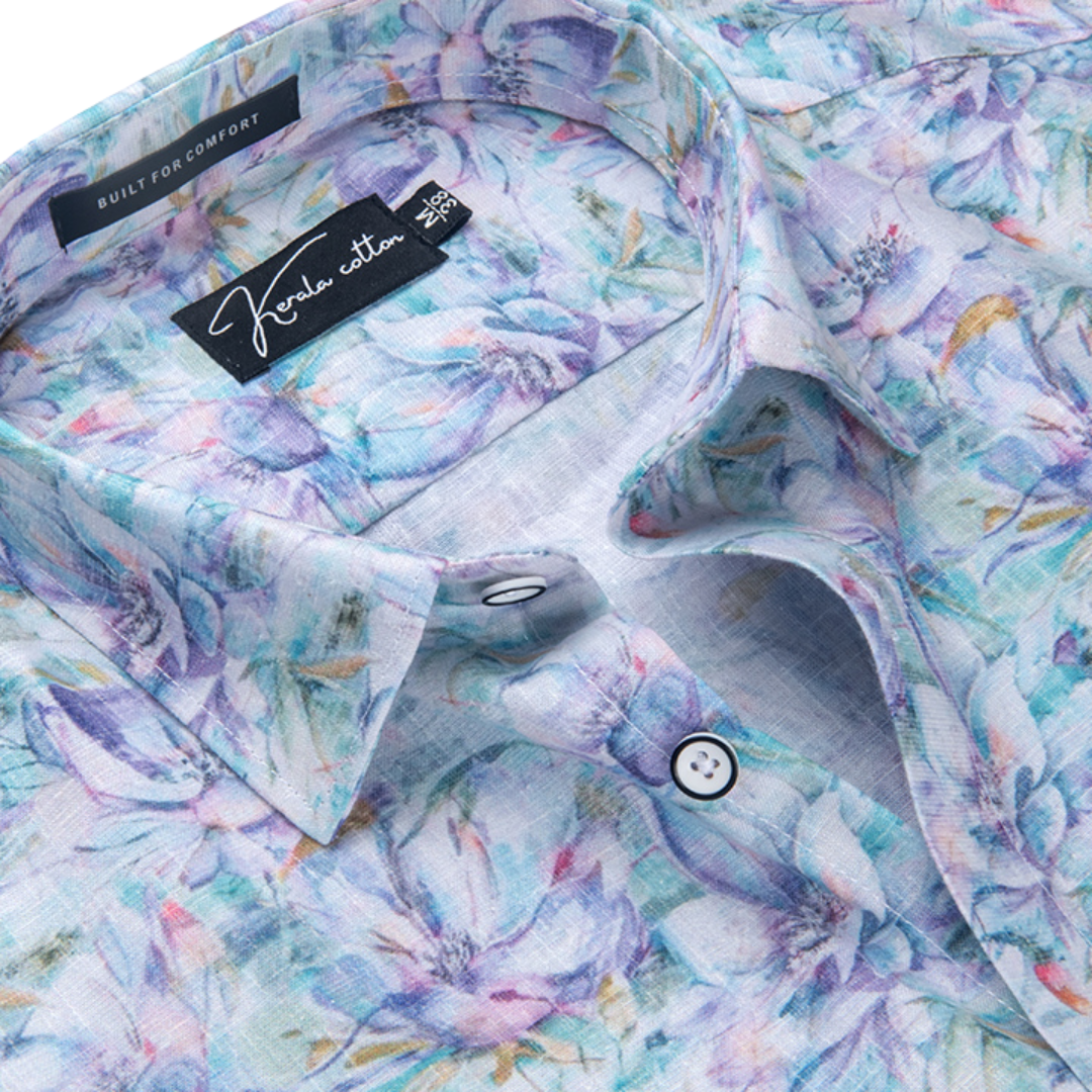 New Italian Linen Blue Rama Mix Print Shirts For Men – Kerala Cotton